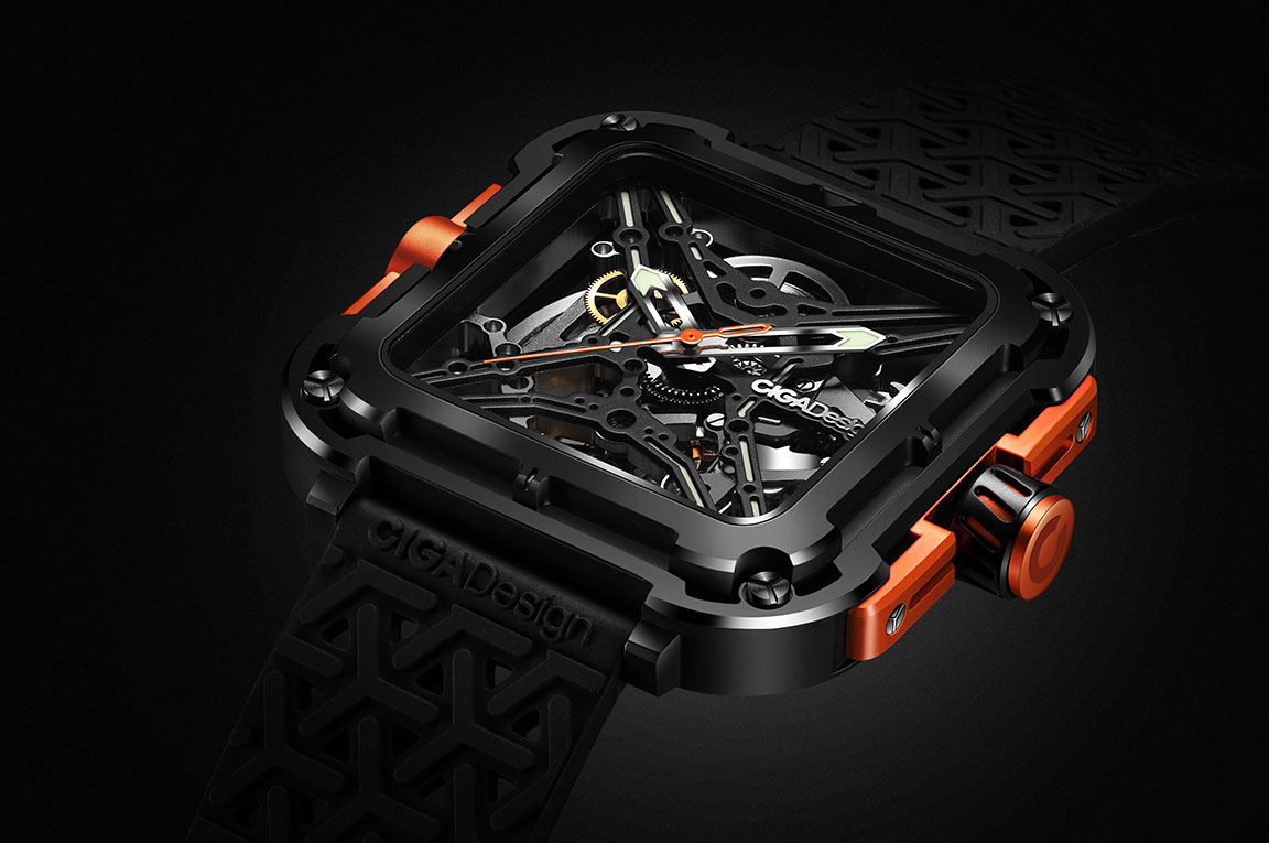 CIGA Design X Series Black Orange Automatic Skeleton X011-BLOG-W25BK - klockmagasinet.com
